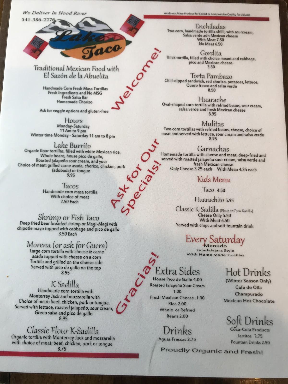 Menu at Lake Taco restaurant, Hood River