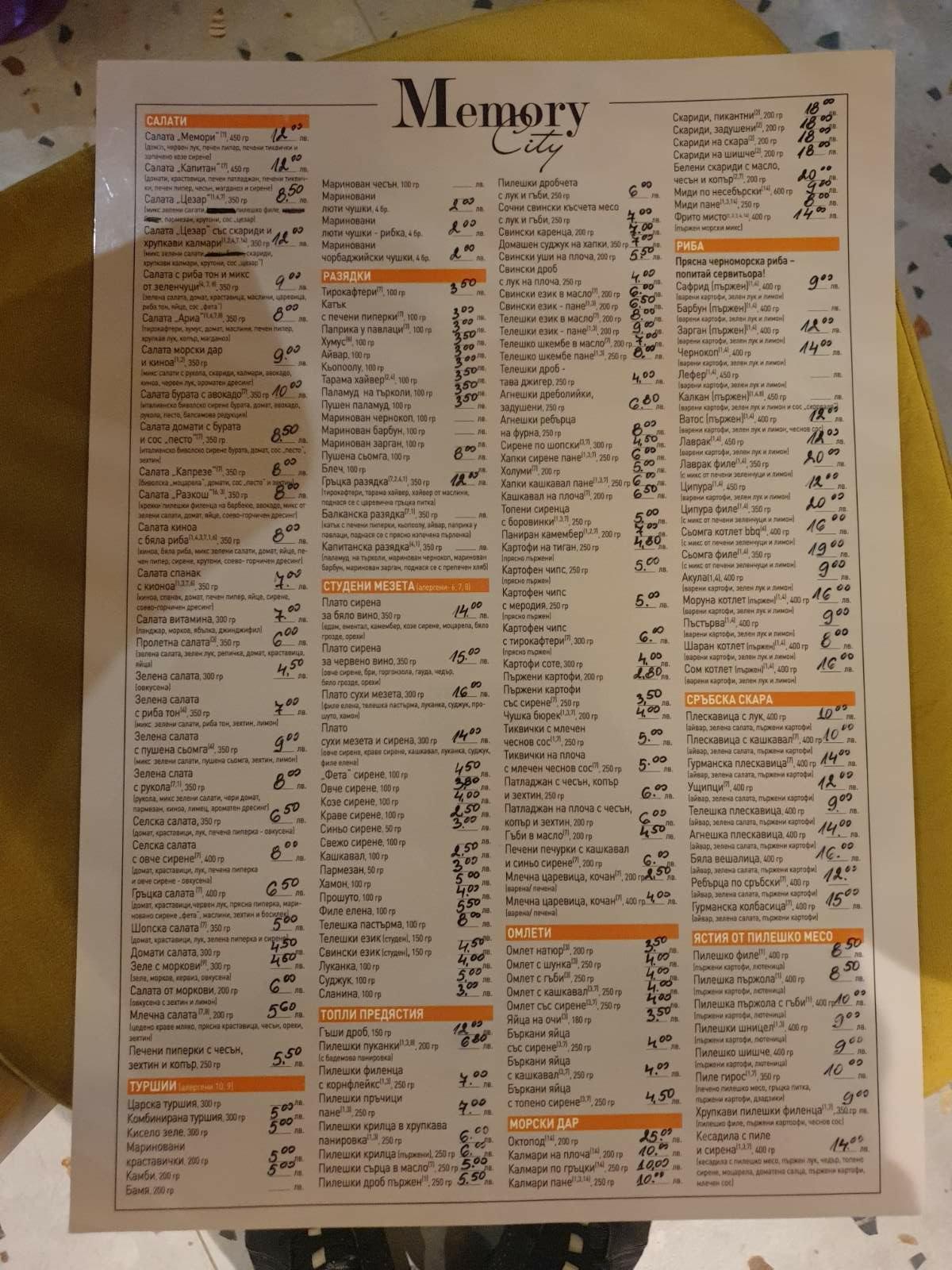 Menu at Memory City restaurant, Nessebar