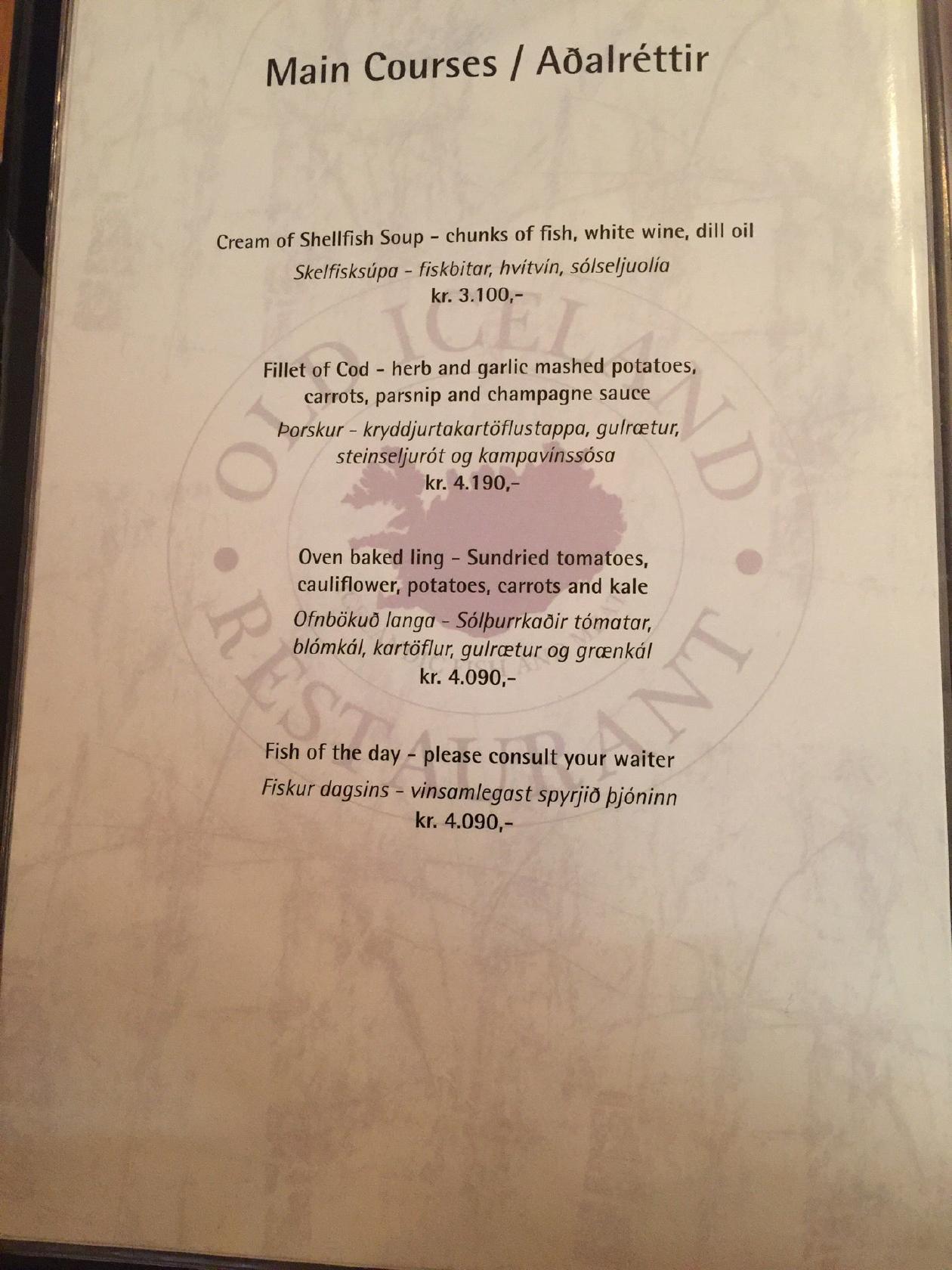 Menu at Old Iceland restaurant, Reykjavík