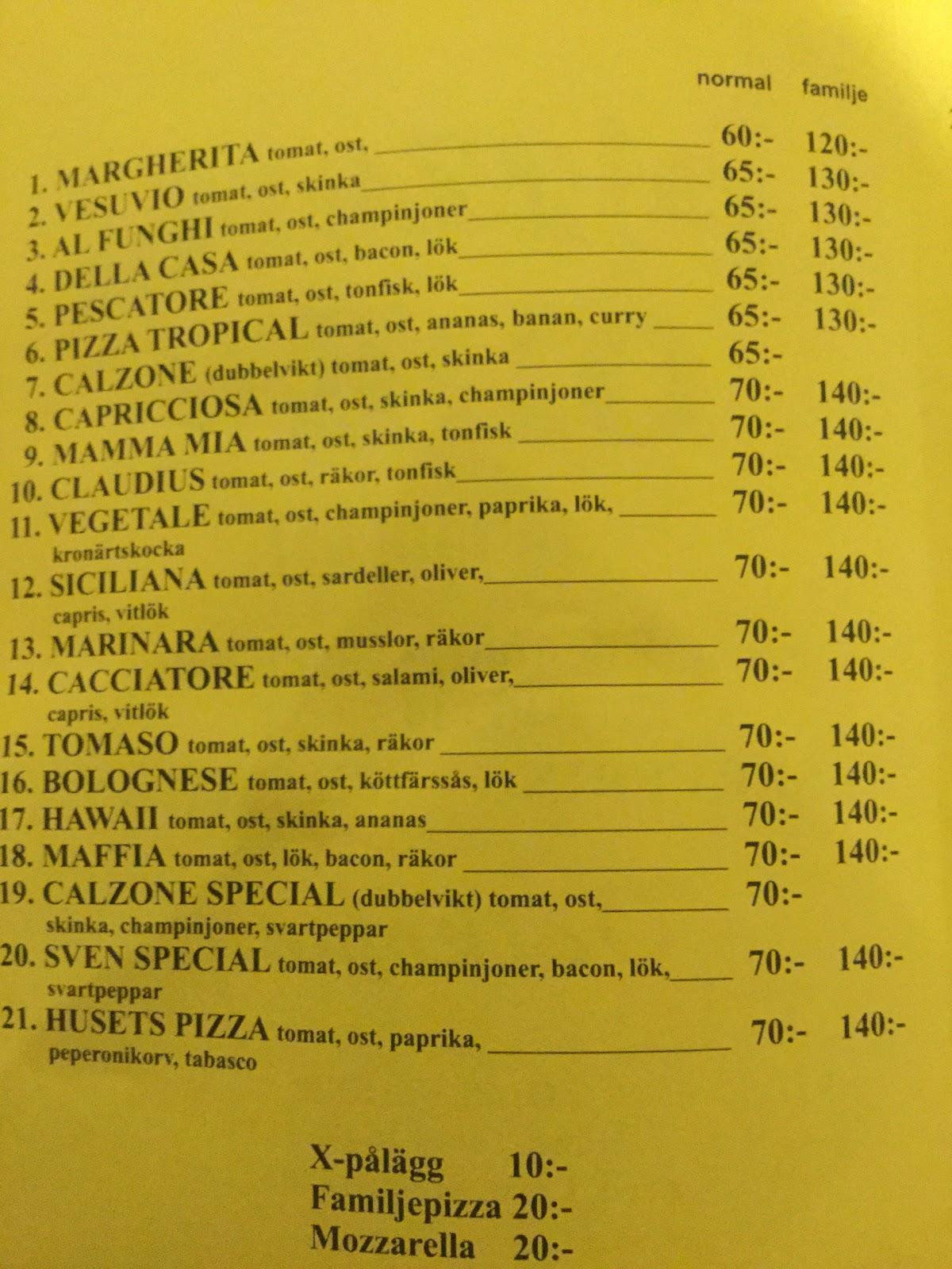 Menu at Pizzeria Oden, Malmö