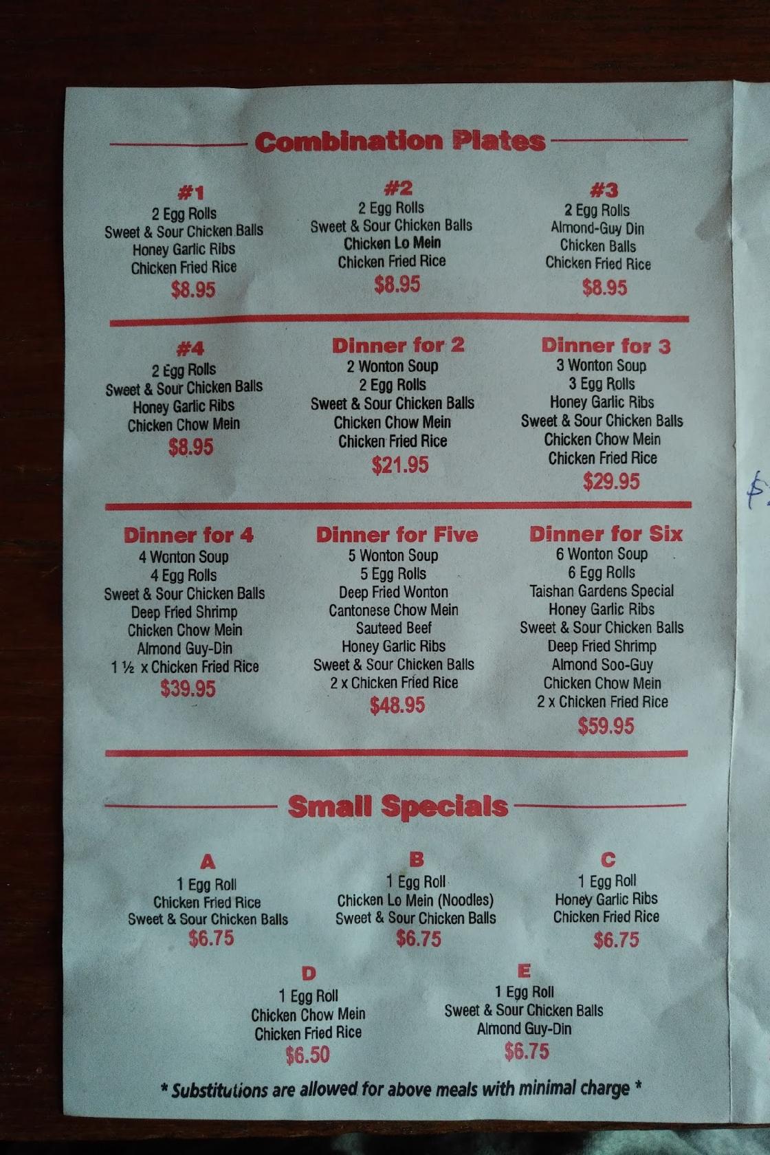 Menu at Taishan Gardens Restaurant, Quinte West
