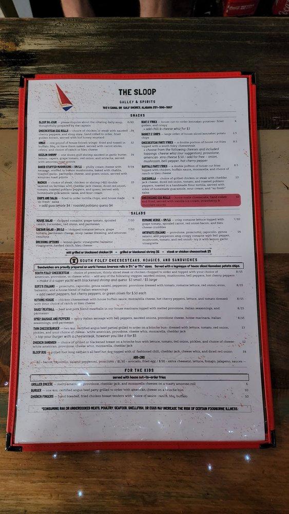 Menu at The Sloop pub & bar, Gulf Shores