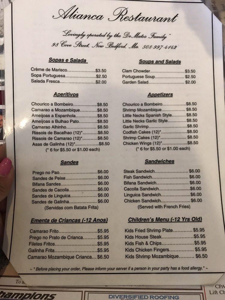 Menu at Alianca Restaurant, New Bedford, 98 Cove St