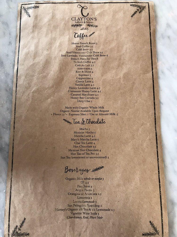 Menu at Clayton's Bakery & Bistro, Coronado