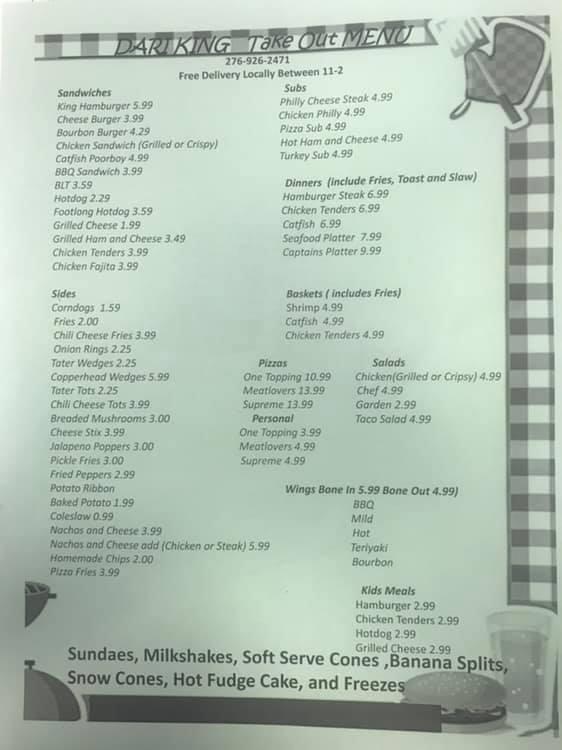 Menu at Dari King Of Clintwood fast food, Clintwood