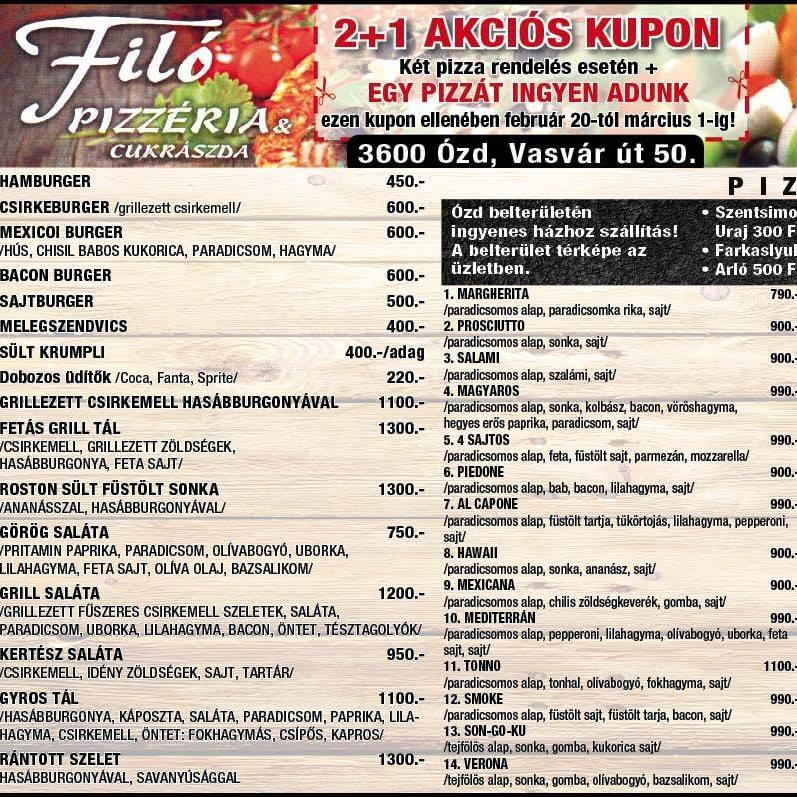 Carta del restaurante Filó Pizzéria, Ózd