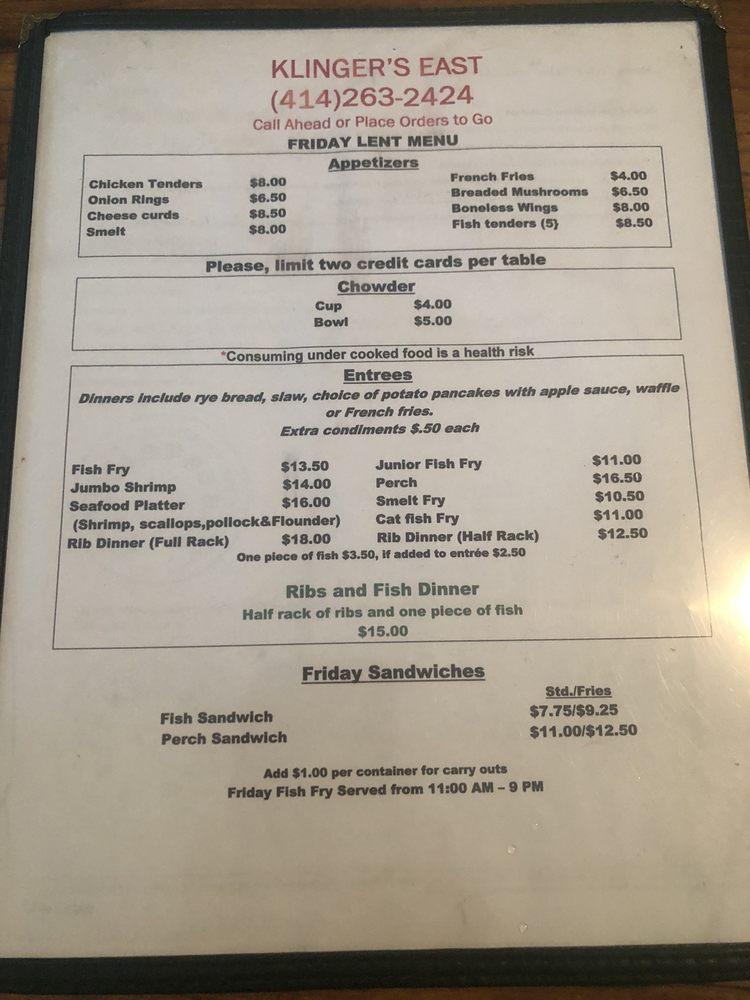 Menu at Klinger's East pub & bar, Milwaukee