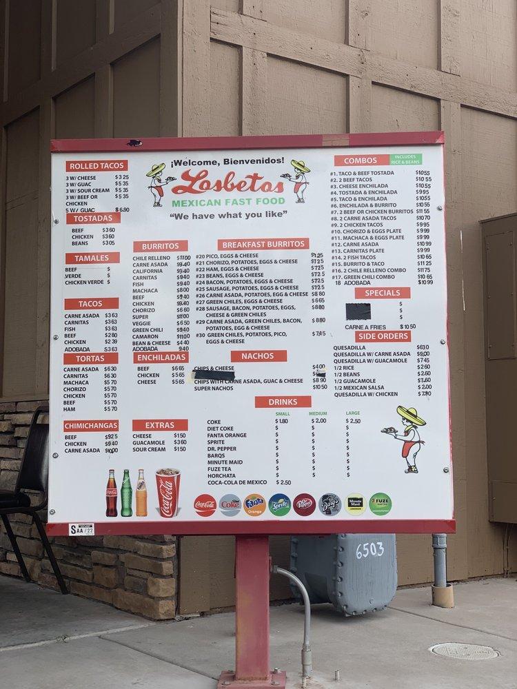 Menu at Los Betos Mexican Food restaurant, Village of Oak Creek
