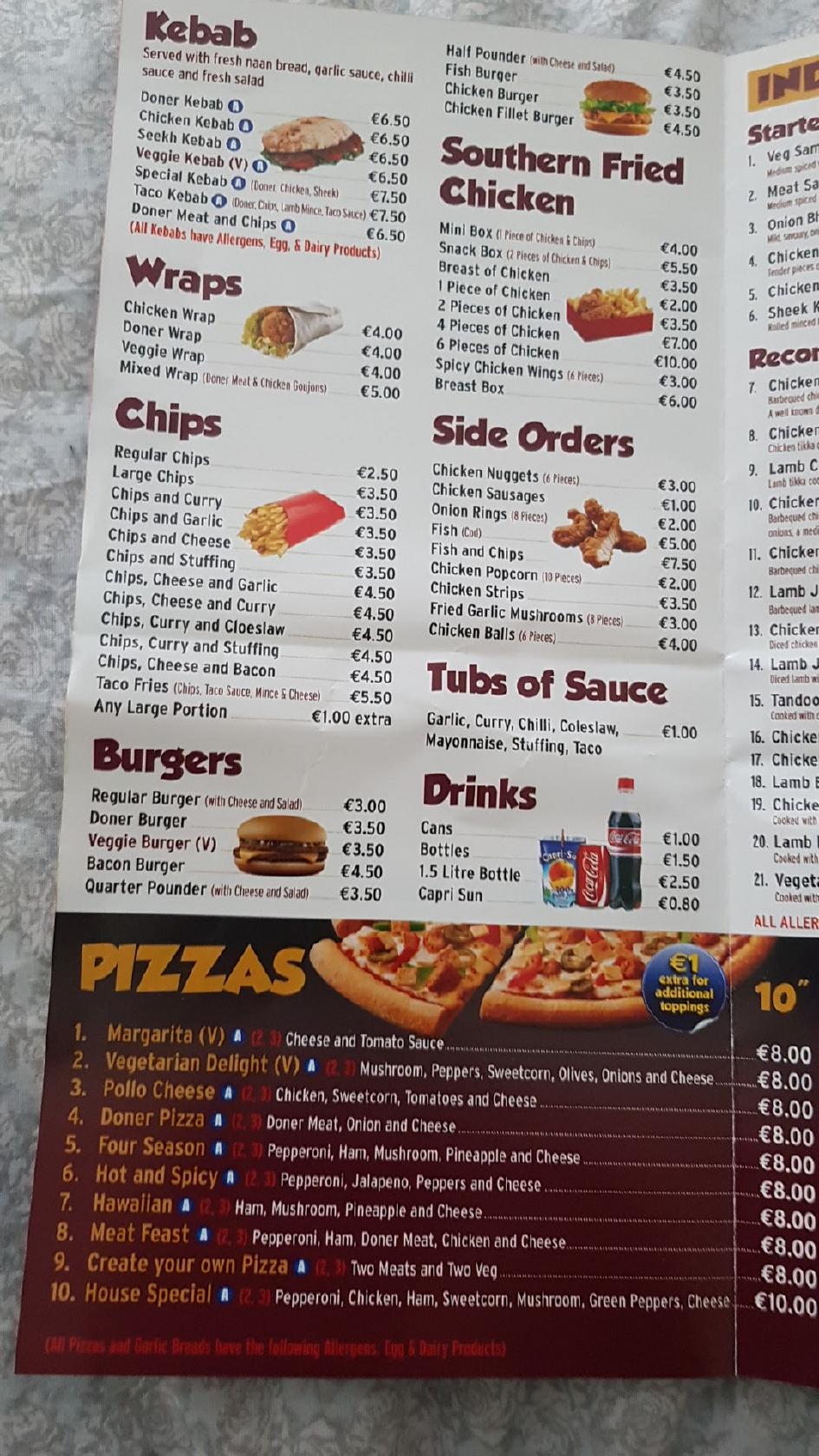 Menu at OPTP Takeaway restaurant, Castlegregory