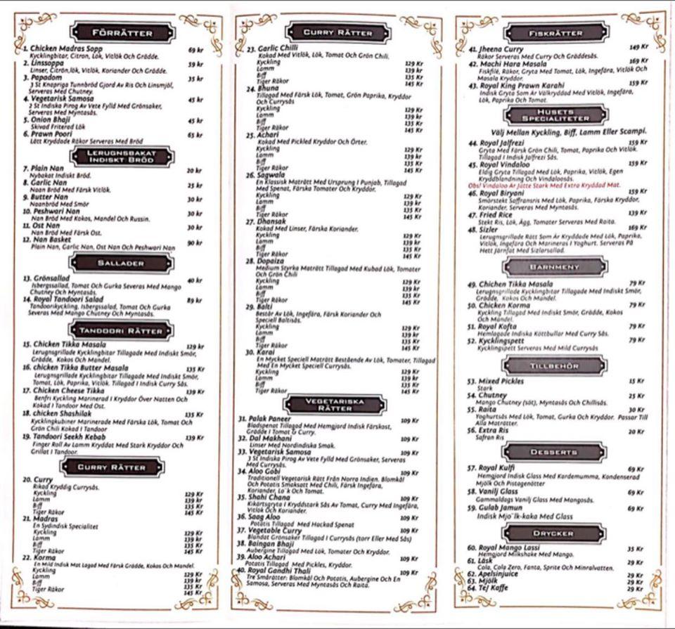 Menu at Restaurang Royal Haveli restaurant, Helsingborg