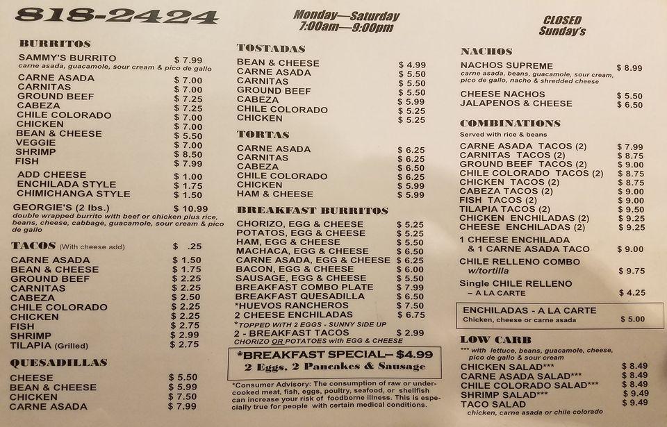 Menu at Sammy's Mexican Grill restaurant, Catalina, N Oracle Rd