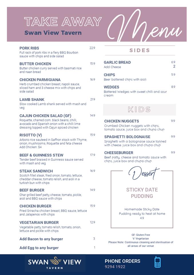 Menu at Swan View Tavern pub & bar, Swan View