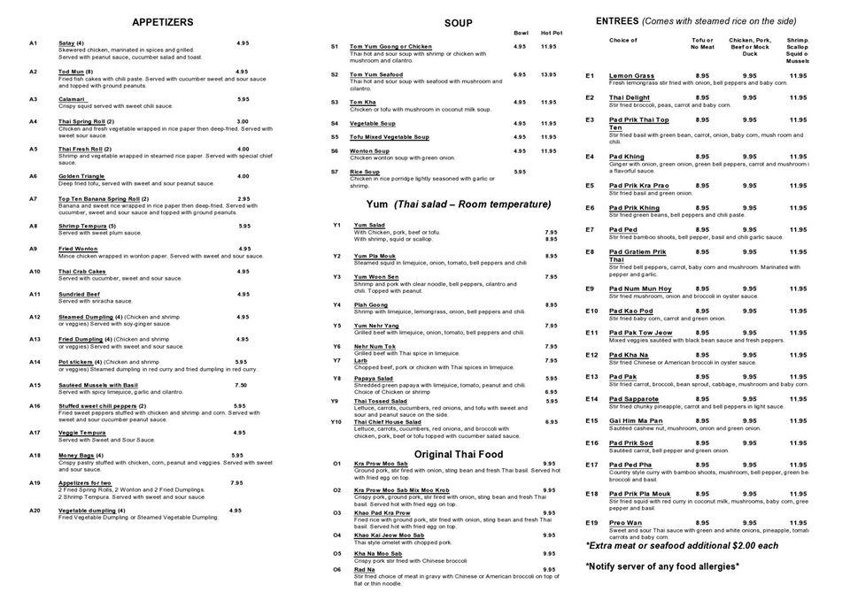 Carta del restaurante Thai Top Ten, Richmond, 911 1/2 W Grace St