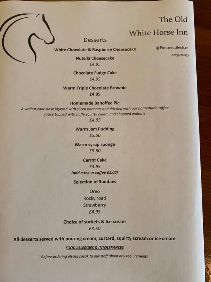Menu at The Old White Horse Inn pub & bar, Pontneddfechan
