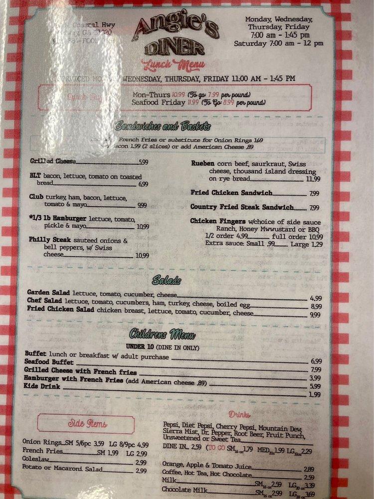 Menu at Angie's Diner restaurant, Midway