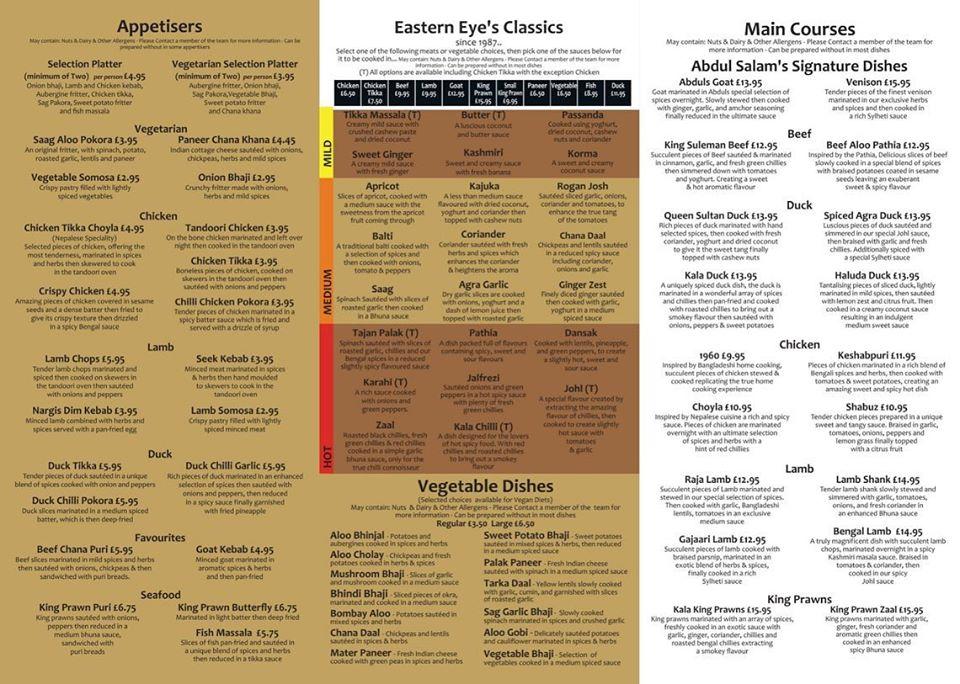 Menu at Eastern Eye - Indian Brasserie restaurant, Lichfield