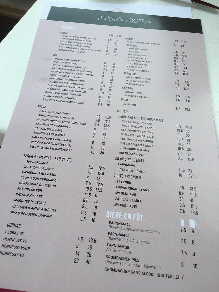Menu au India Rosa Plateau pub et bar, Montréal