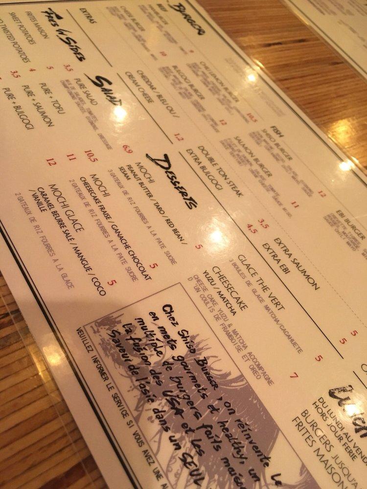 Menu au Shiso Burger restaurant, Paris, 21 Quai Saint-Michel