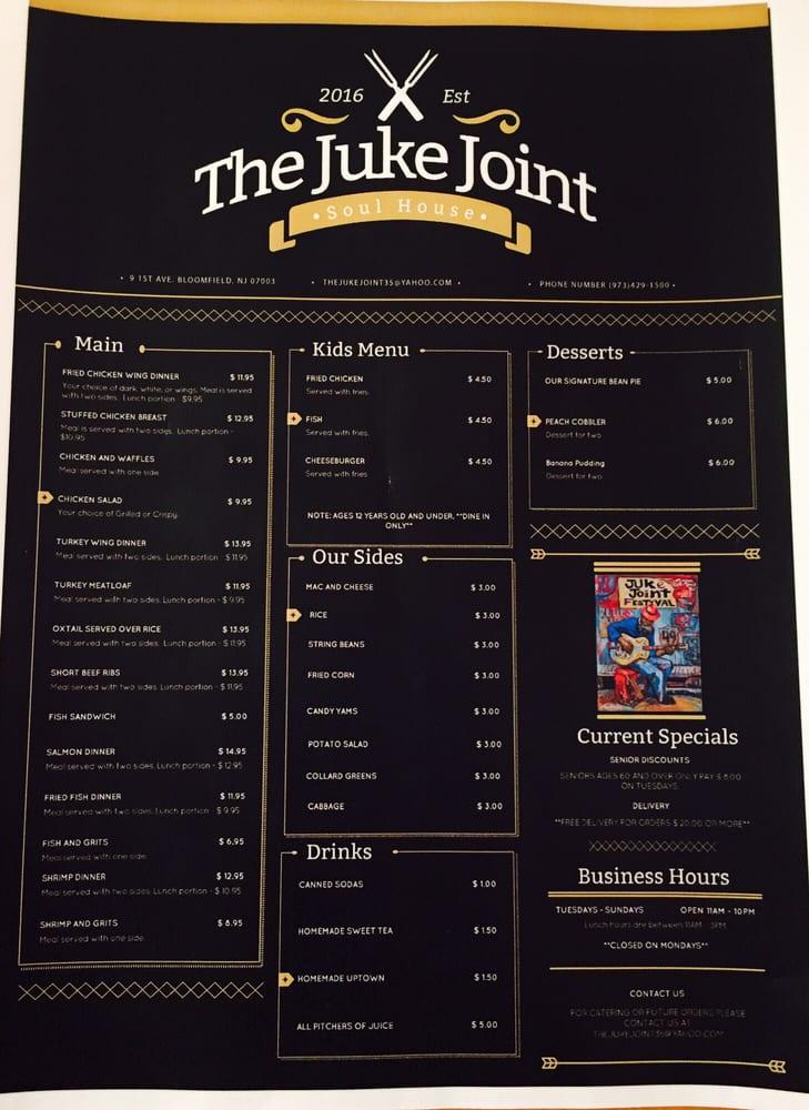 Menu at The Juke Joint Soul House restaurant, Bloomfield