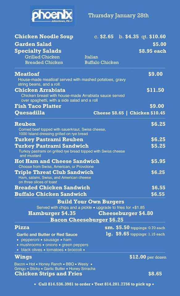 Menu at The Phoenix Tavern pub & bar, Johnstown