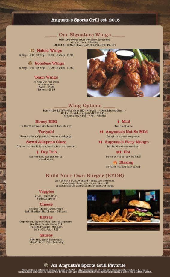 Menu at Augusta's Sports Grill pub & bar, Cullman