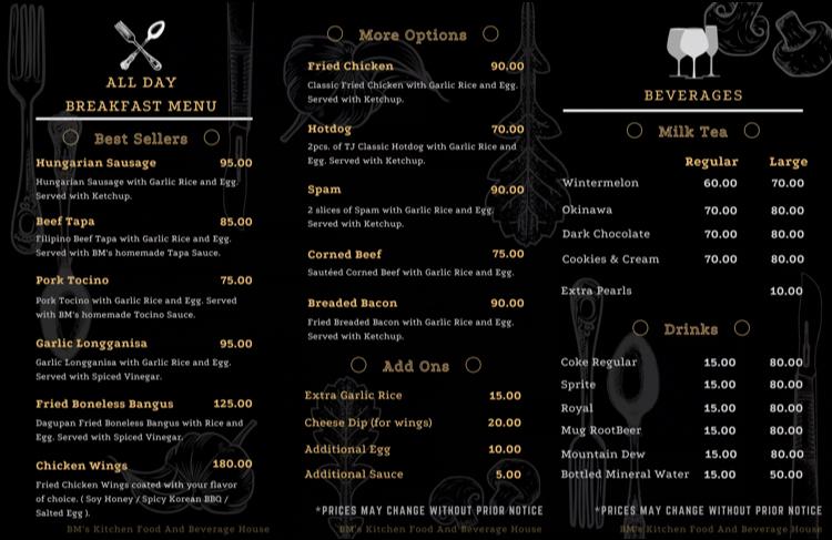 Menu at BM's Kitchen restaurant, Bacoor
