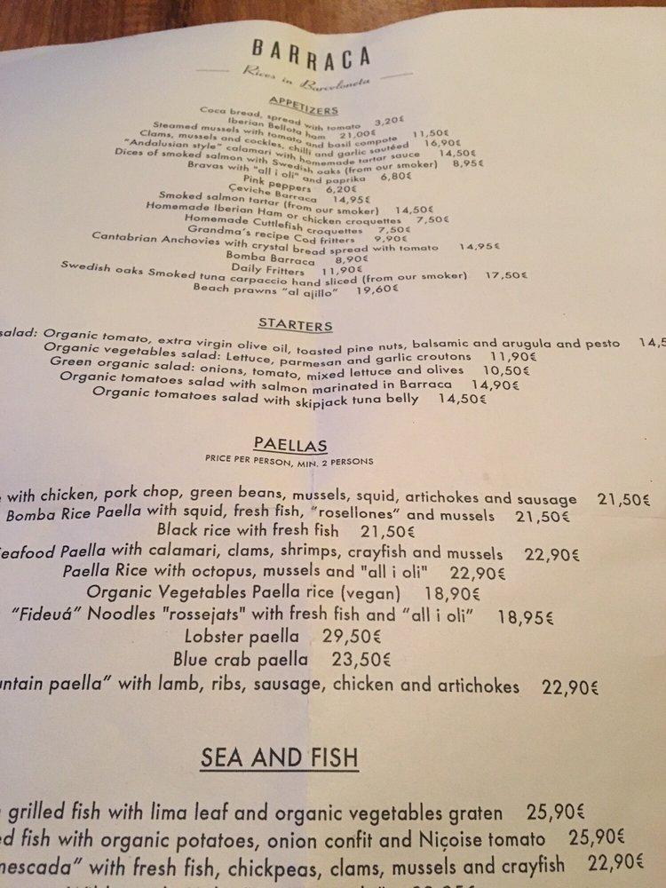Menu at Barraca, Barcelona, Pg. Marítim de la Barceloneta