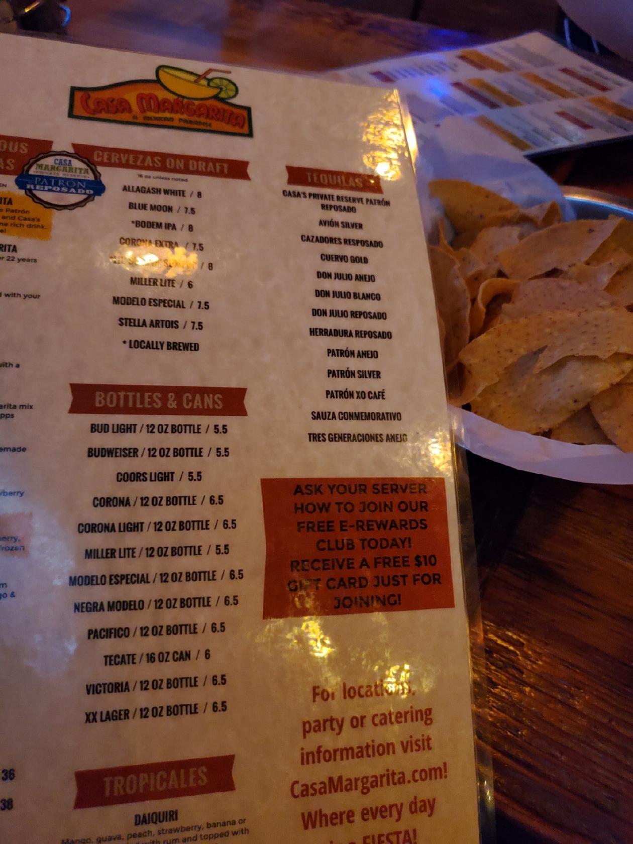 Menu at Casa Margarita restaurant, Chicago, 580 E Illinois St