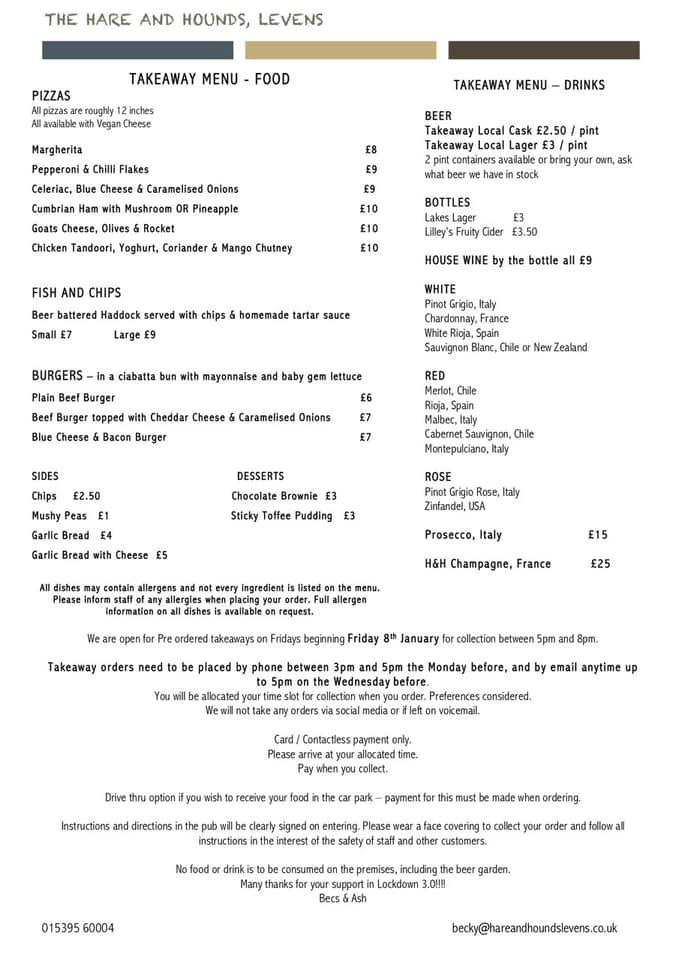 Menu at Hare &Hounds pub & bar, Levens