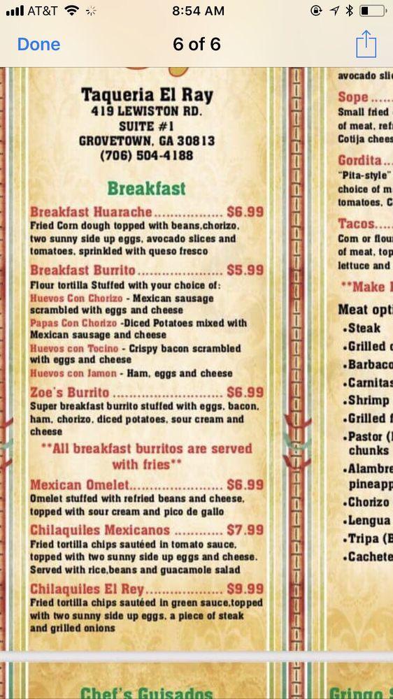 Menu at La Cocina Del REY restaurant, Grovetown