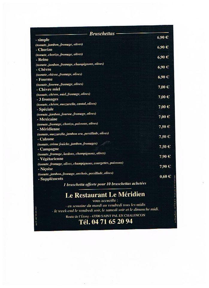 Carta del restaurante Le Méridien, Saint-Pal-de-Chalencon