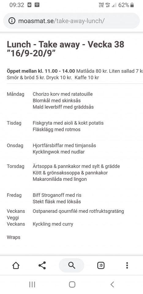 Menu at Moas Mat restaurant, Nyköping