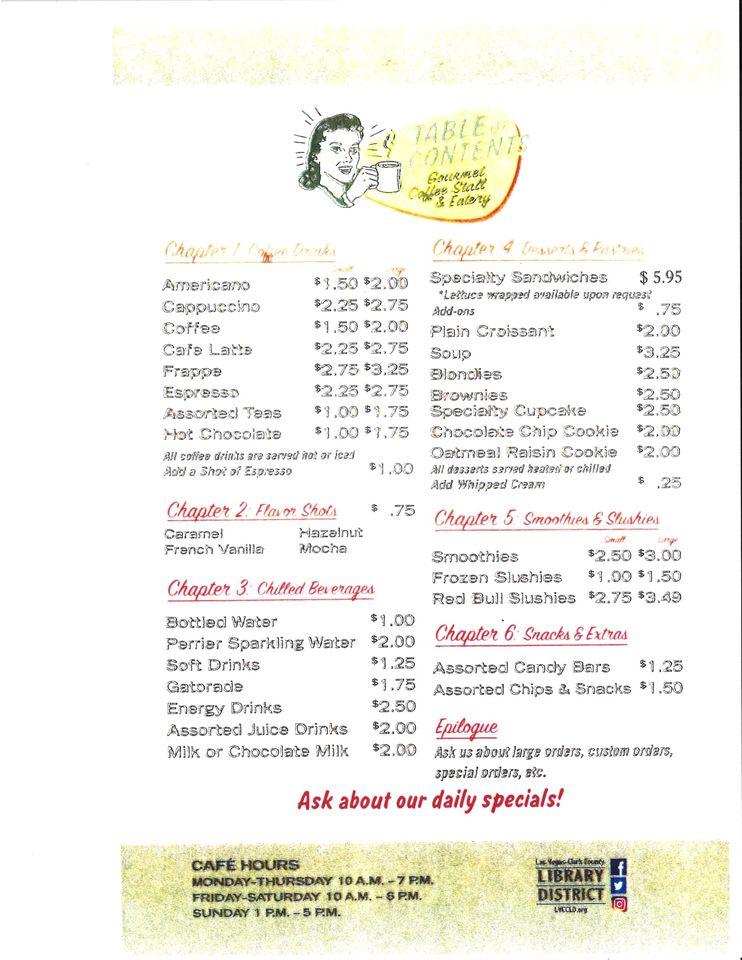 Menu at Table of Contents cafe, Mesquite