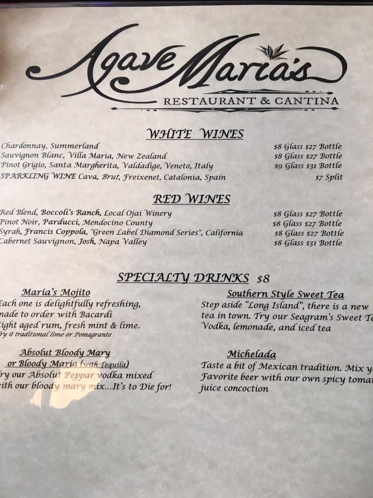 Menu at Agave Maria's restaurant, Camarillo