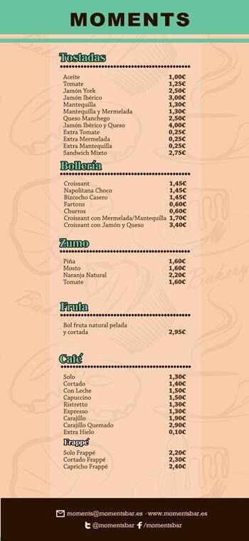 Menu at Moments Bar, Urbanova