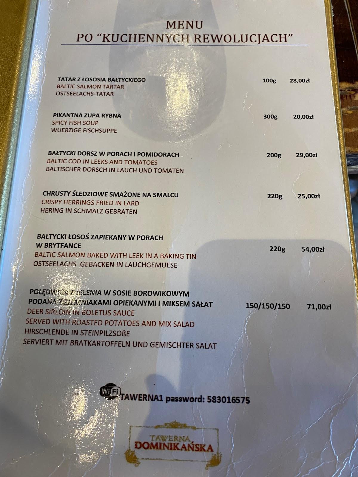 Menu at Tawerna Dominikańska restaurant, Gdańsk