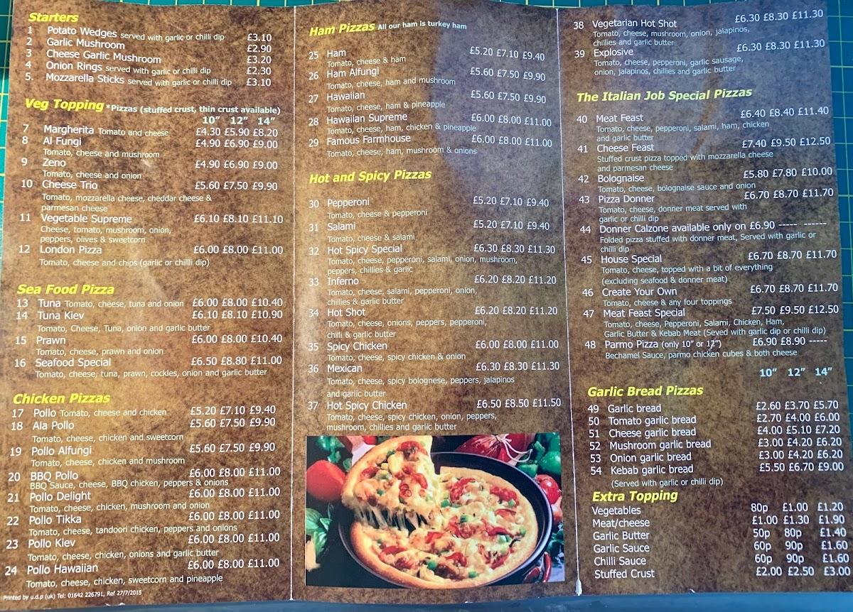 Menu at The Italian Job pizzeria, Stockton-on-Tees