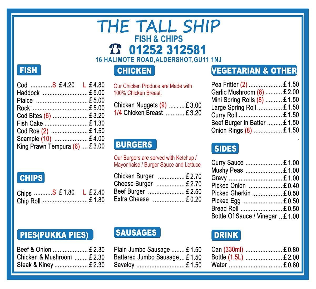 Menu at The Tall Ship fast food, Aldershot