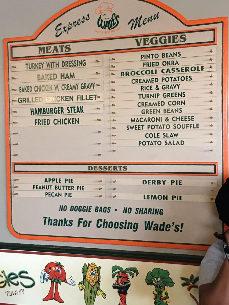 Menu at Wade's Restaurant, Spartanburg, N Pine St