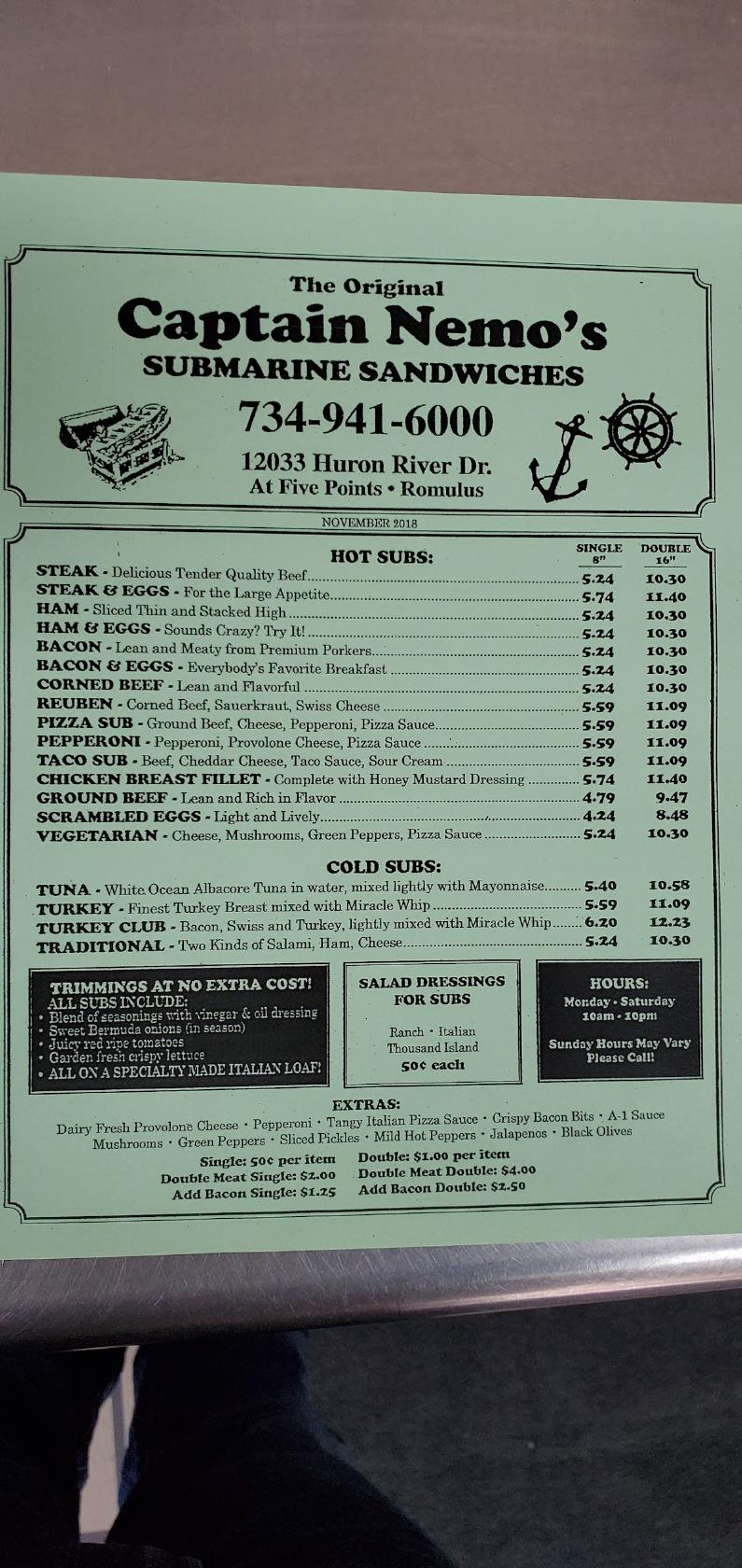 Menu at Captain Nemo's Sandwiches restaurant, Romulus