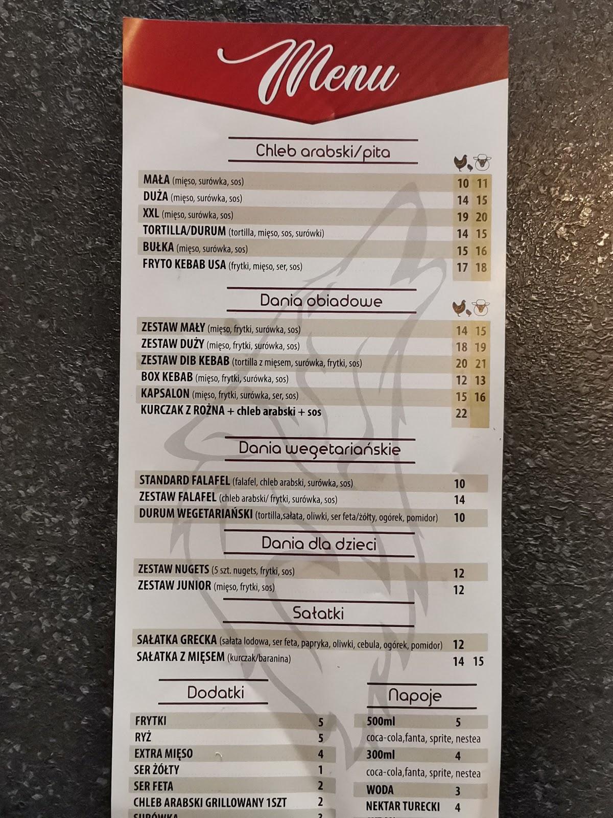 Menu at El Dib Kebab restaurant, Sandomierz