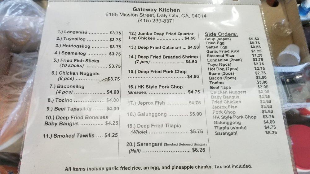 Menu at Gateway Kitchen restaurant, Daly City