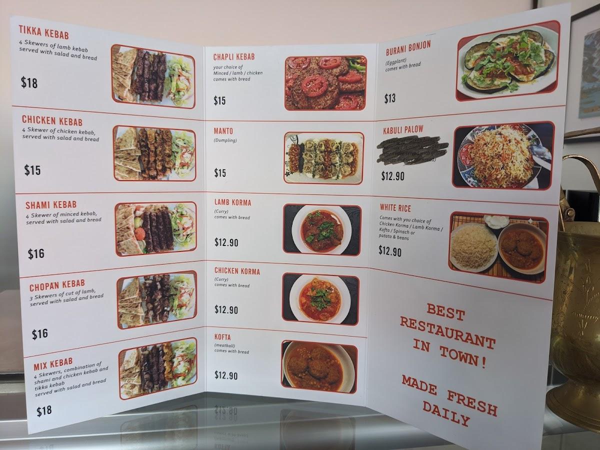 Menu at Kabul Spices restaurant, Pakenham
