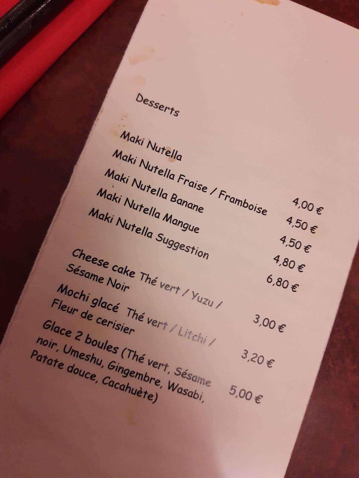 Menu au Naka Naka restaurant, Belfort