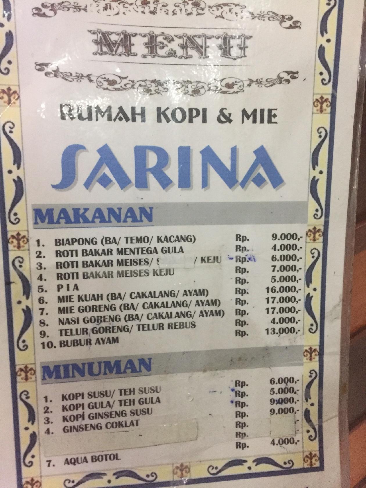 Menu at Rumah Kopi Sarina (RKS) restaurant, Kinali Satu