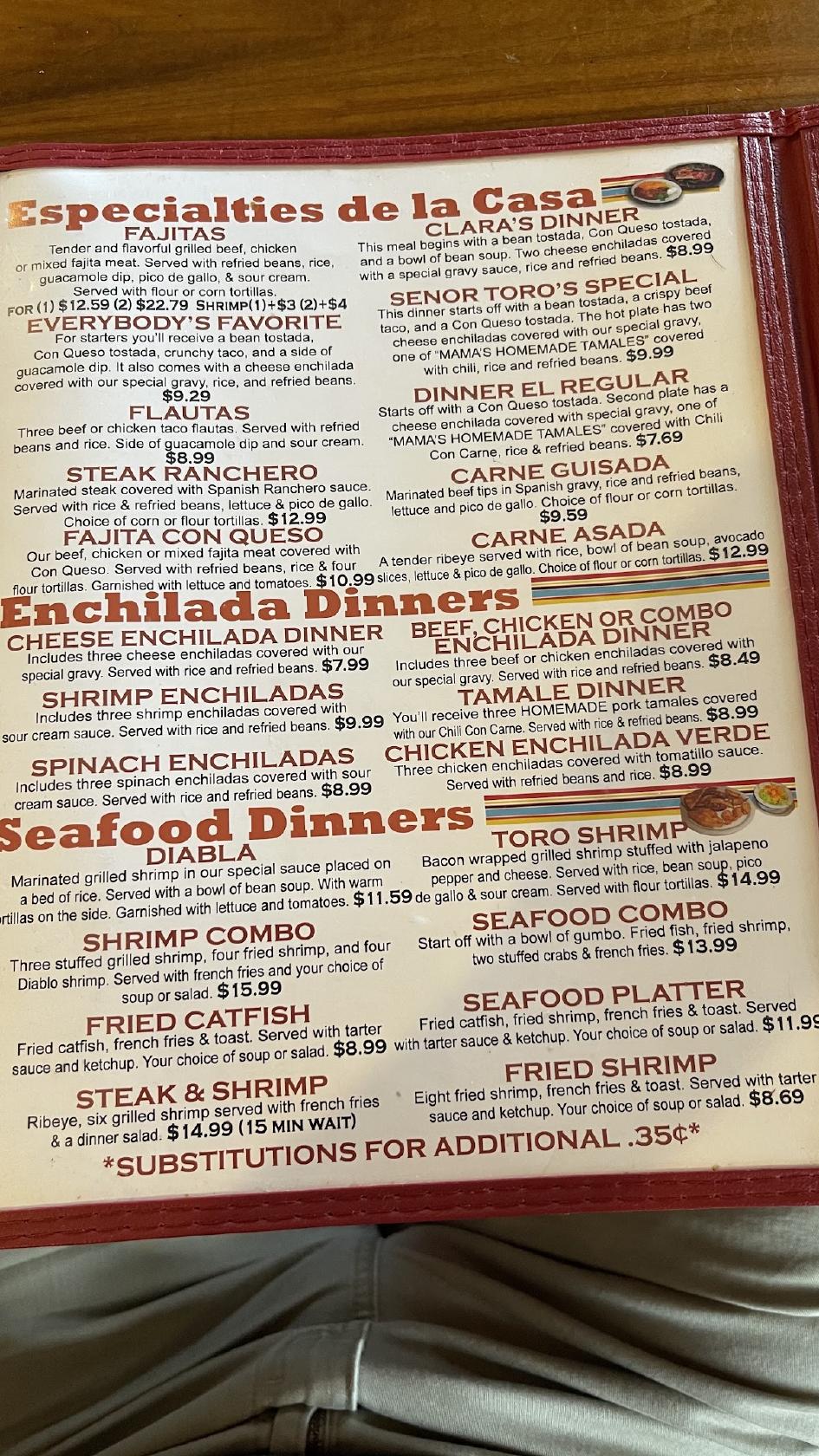 Menu at Señor Toros restaurant, Woodville, US HWY 69 S