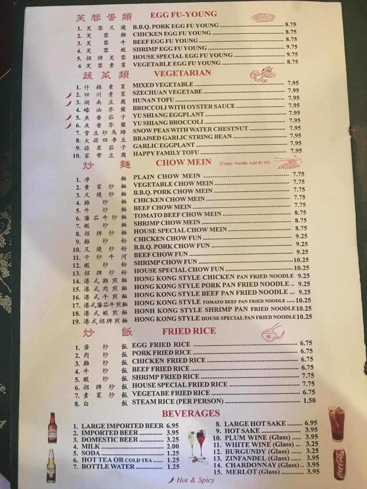 Menu at Wong's restaurant, Willows
