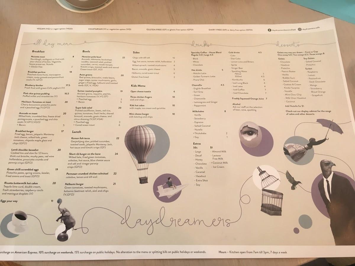 Menu at daydreamers cafe, Beaconsfield