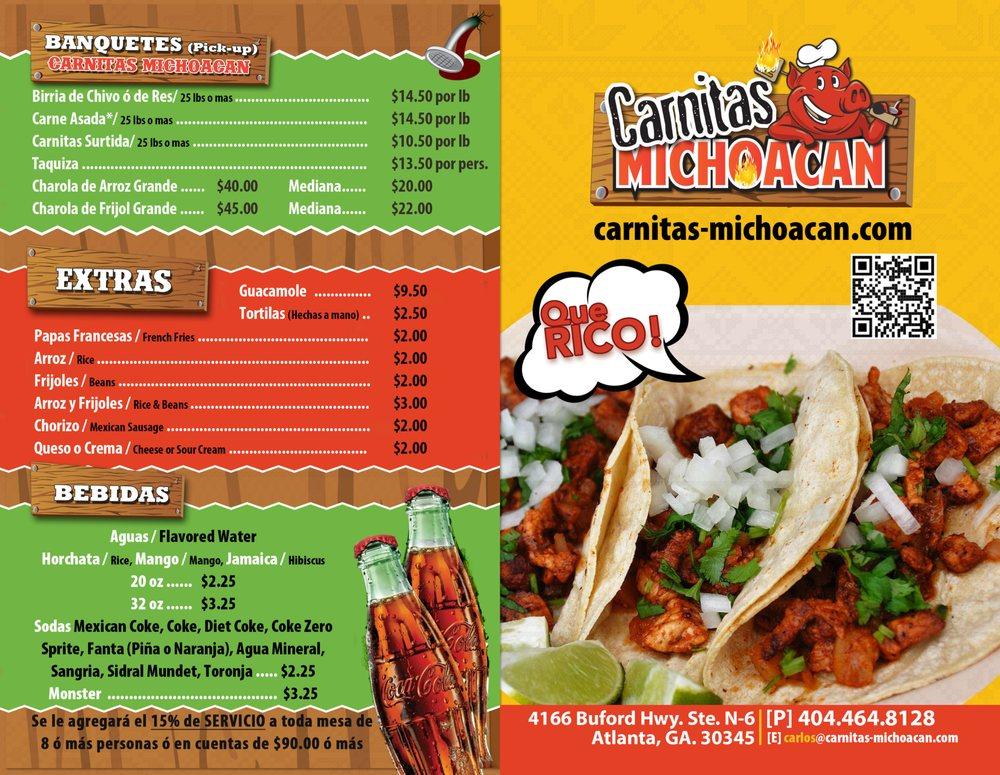 Menu at Carnita's Michocan restaurant, Atlanta, Buford Hwy NE