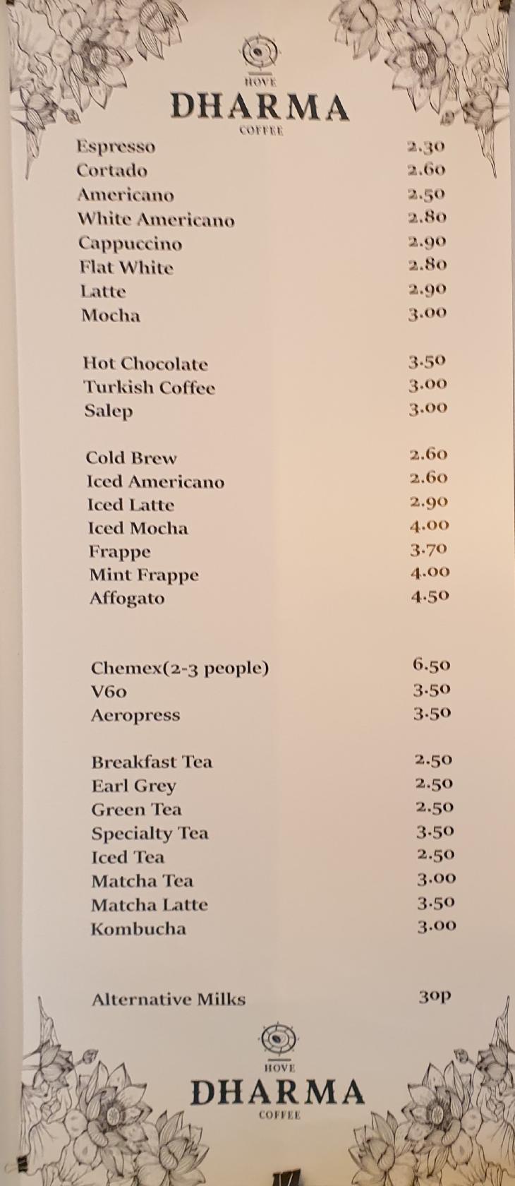 Menu at Dharma Coffee Hove pub & bar, Hove